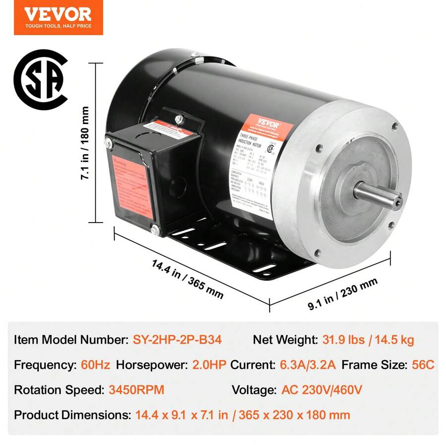 VEVOR VEVOR 2HP Electric Motor 3450 Rpm AC 230V460V 56C Frame Air ...