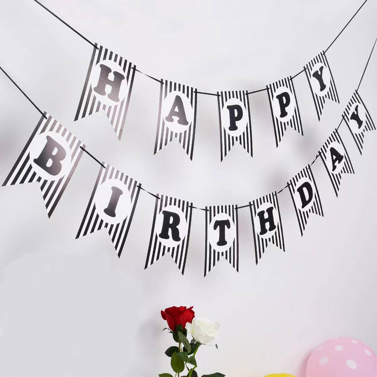 Black Striped Pennant Streamers, Happy Birthday Party Decorations ...