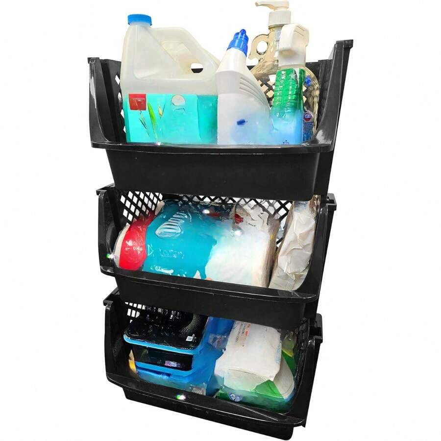 Large Plastic Stackable Storage Bins For Pantry Black - 3-Pack, Large ...
