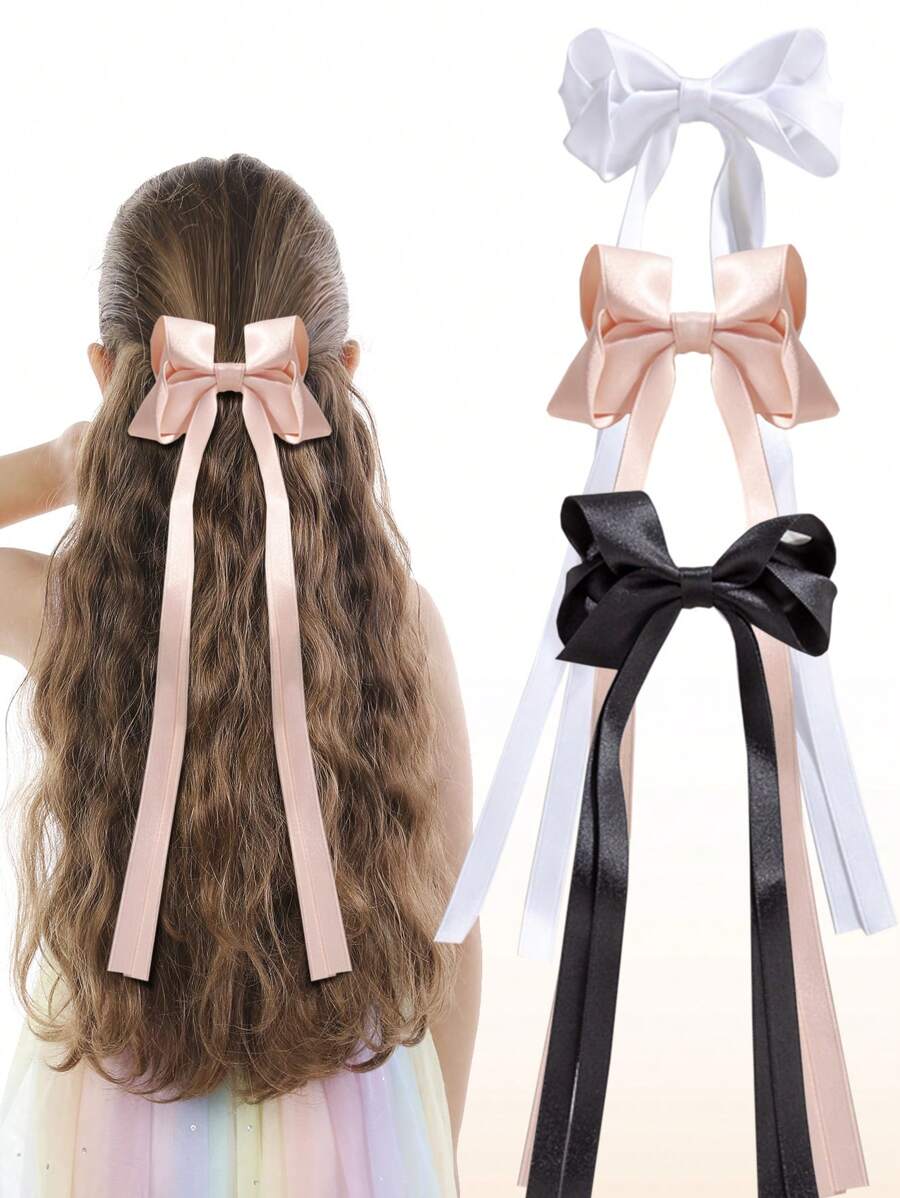 3 Piece Satin Bow Clip Hair Ribbons For Girls, Metal Alligator Clip No ...