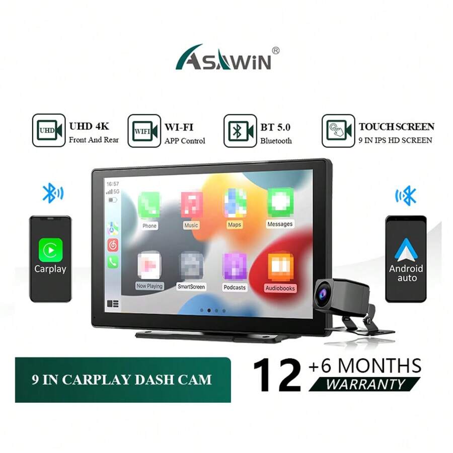 Wireless Android Auto CarPlay Bluetooth 5.0 FM WIFI 4K Car Camera Front ...