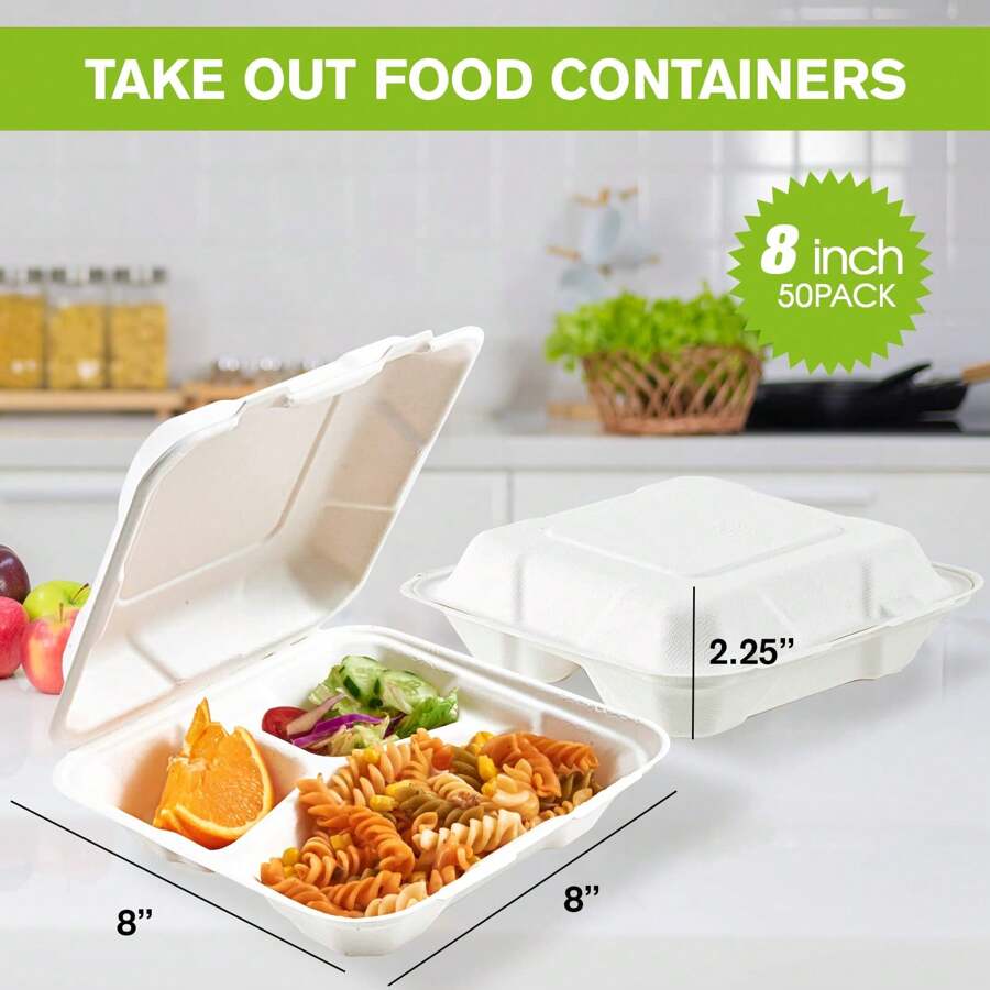50 Pack Clamshell Take Out Food Containers, 100% Compostable Disposable ...