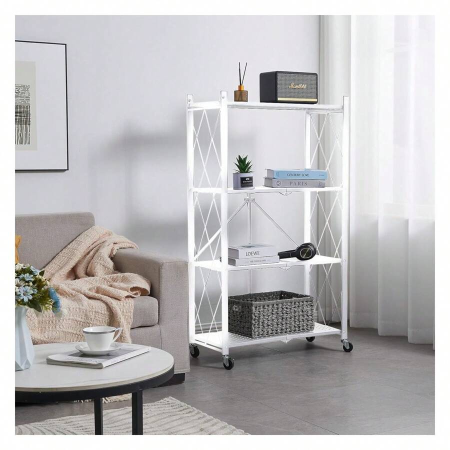 4-Shelf Foldable Storage Shelves With Wheels, Folding Metal Rack ...