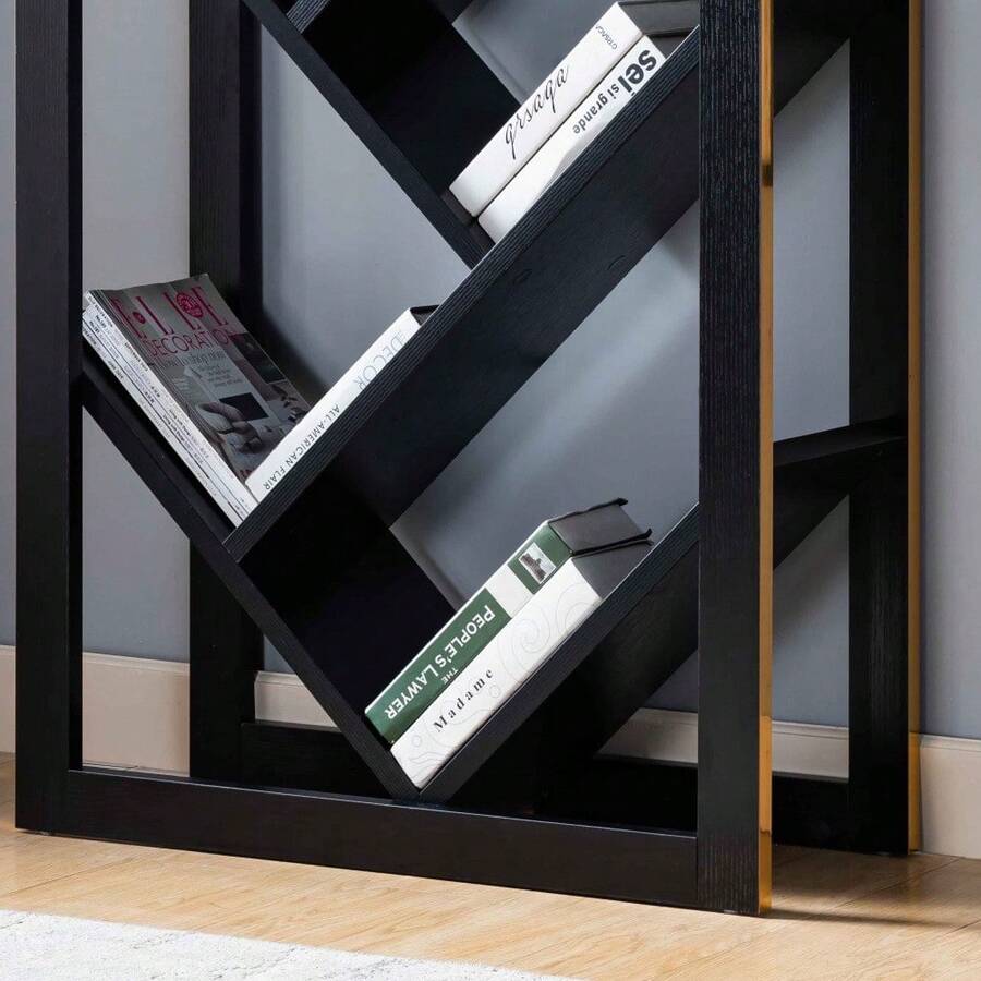 Abstract Bookcase With Seven V-Shape Shelves, Black & Faux Gold Trim ...