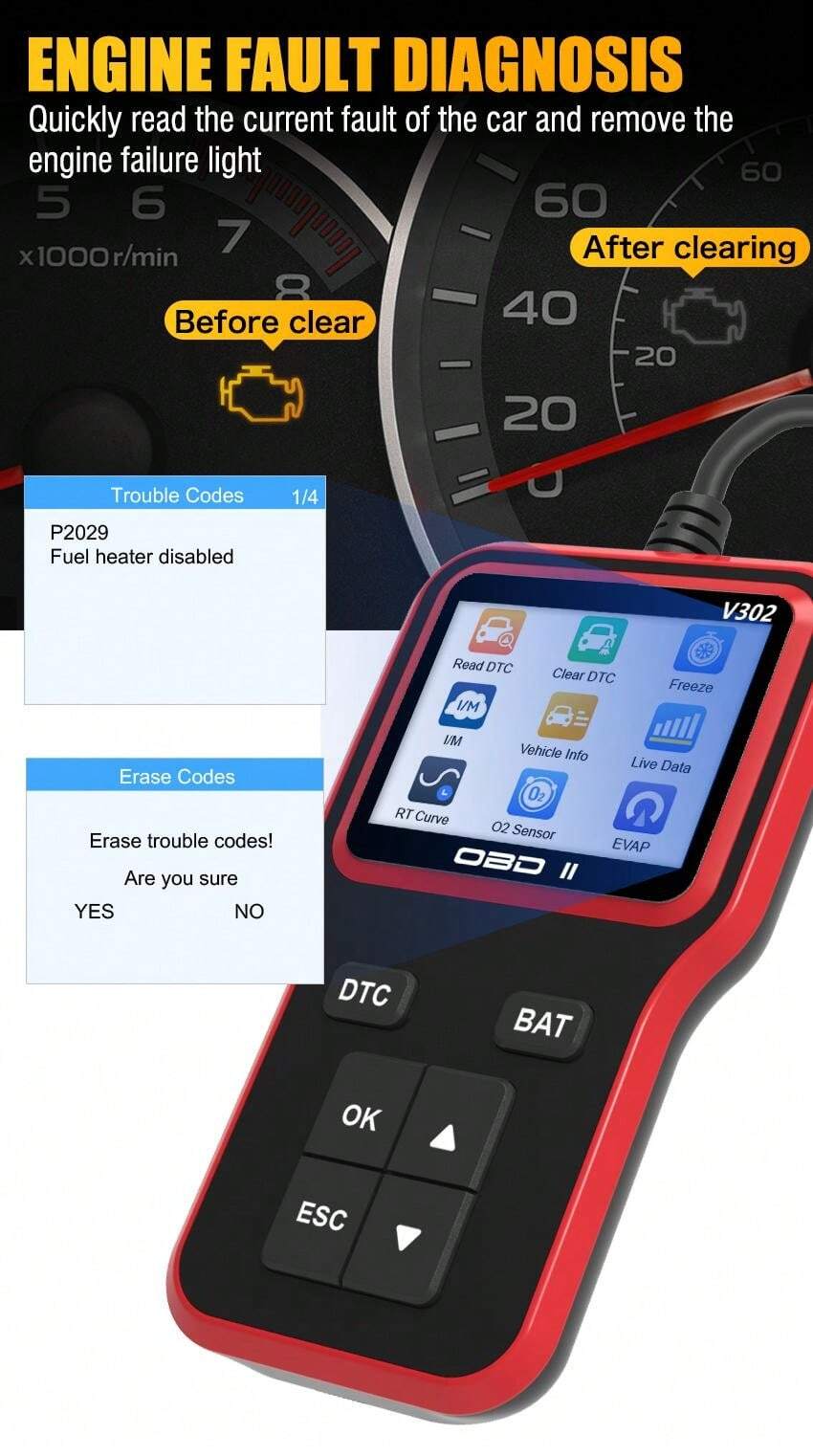 Escáner OBD2 V302, detector de problemas del automóvil, lector de ...