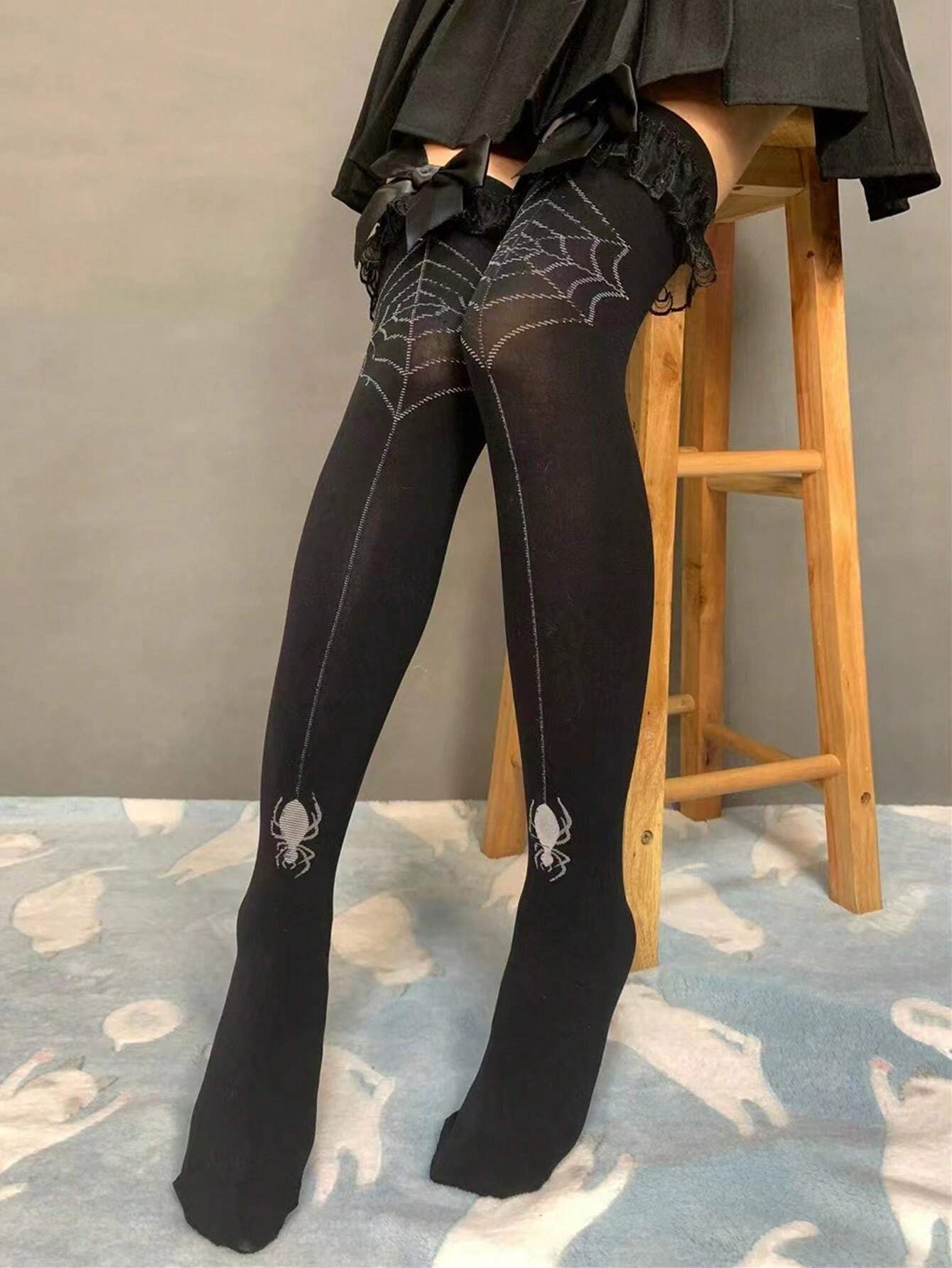 1 Pair Women Gothic Spider Web Thigh High Stockings With Bow, Halloween ...