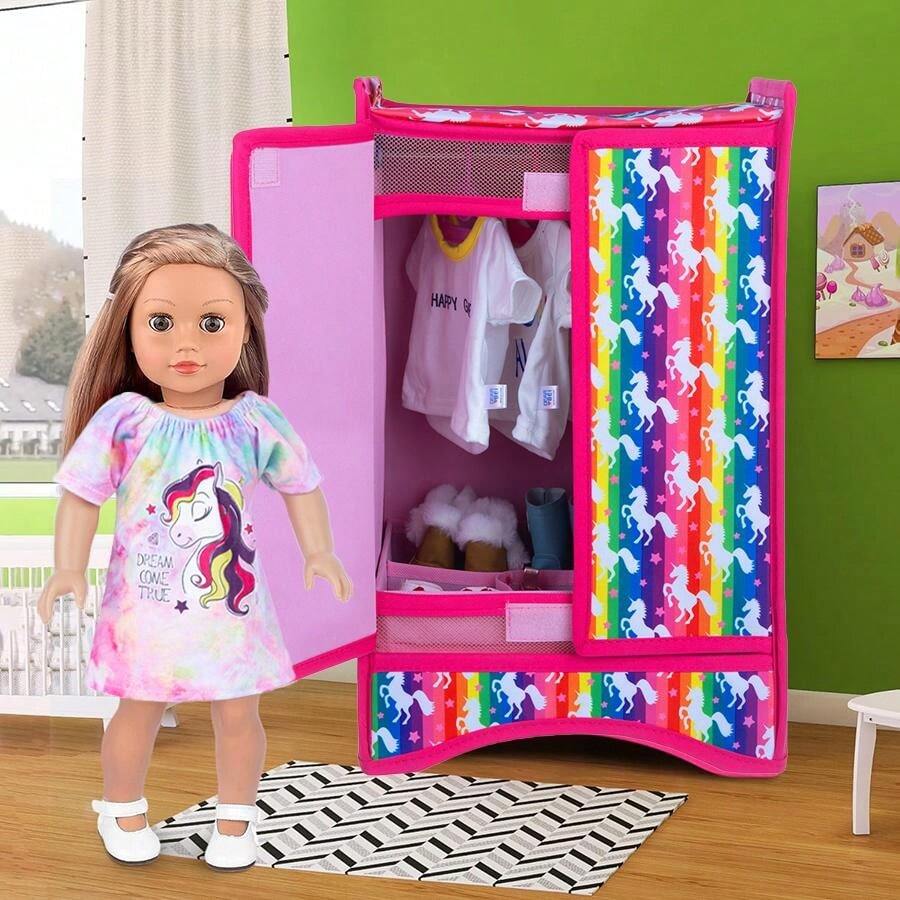 Doll Wardrobe Closet, Kids Pretend Play Toy Storage Cabinet, Miniature ...