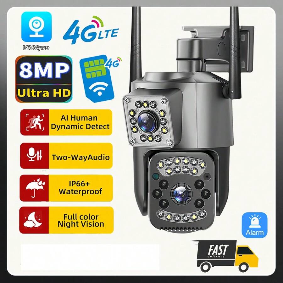 Telecamera IP 4K 8MP a doppia lente 4G con visione notturna, rilevamento umano AI, PTZ, video ...