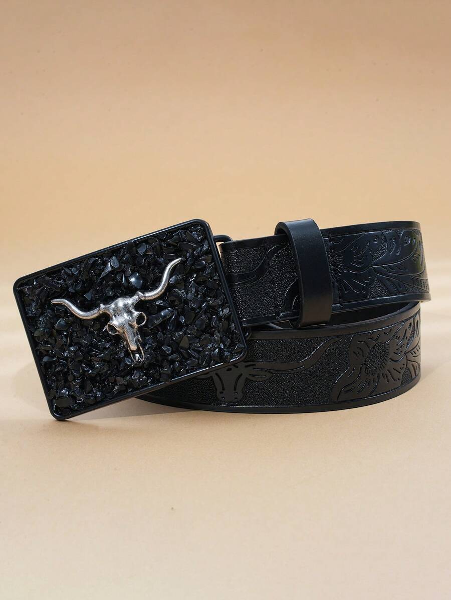 3D Bull Head Black Stone Decor Buckle, Unique Vintage Western Cowboy ...