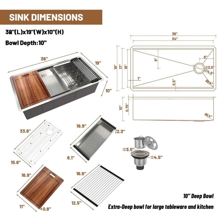 CASAINC 36 Inch Workstation Undermount Kitchen Sink Stainless Steel ...