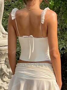 WOWDARK Women Solid Color Ruched Bust Asymmetric Hem Square Neck Ruffle Trim Camisole Top ...