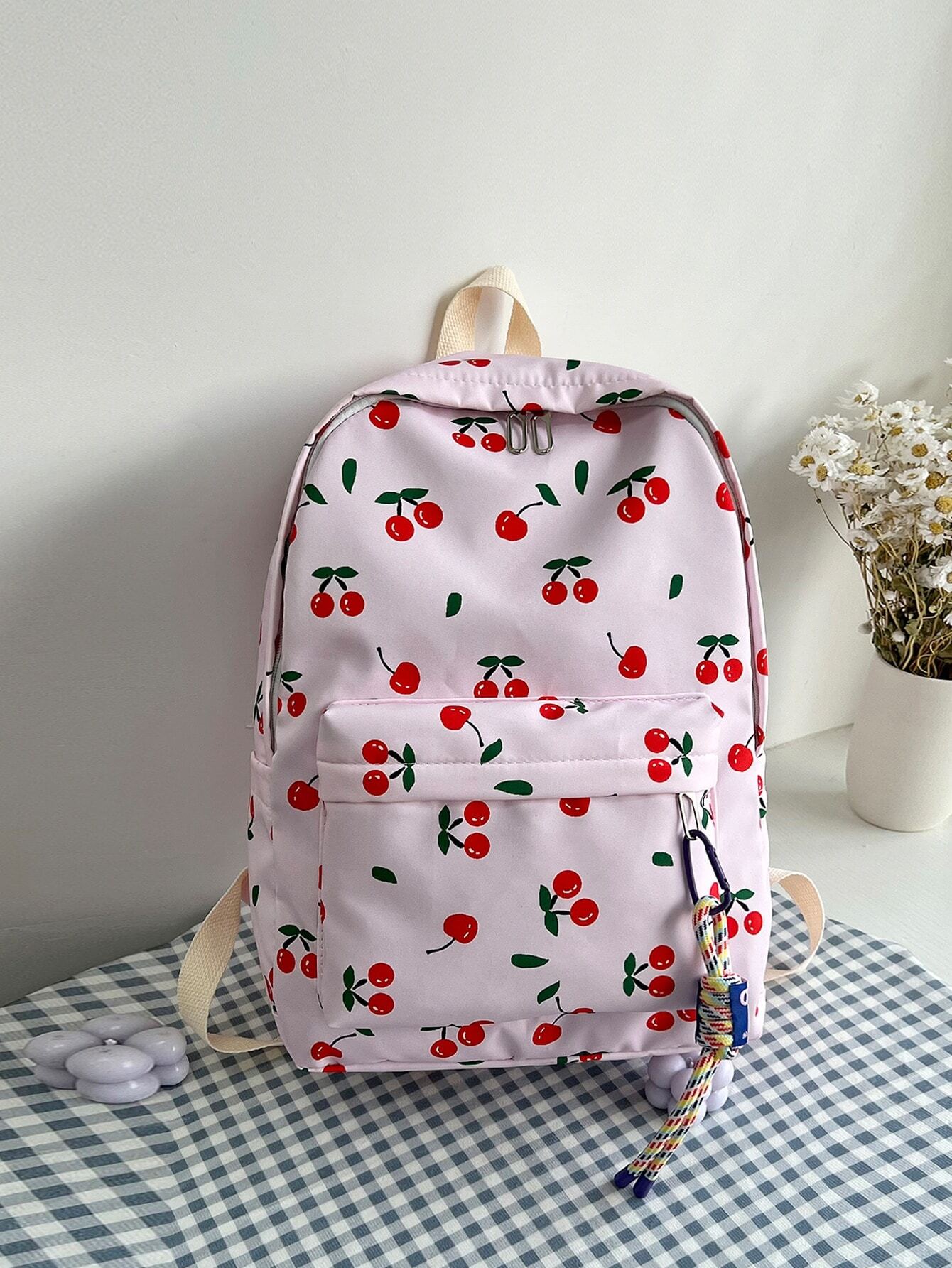 Cherry Patterned Backpack With Multiple Zippers And Charms, Campus ...