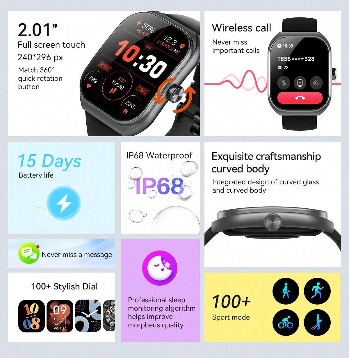 SIMSONLAB Montre connectée SIMSONLAB avec écran 3D incurvé tactile de 2 ...