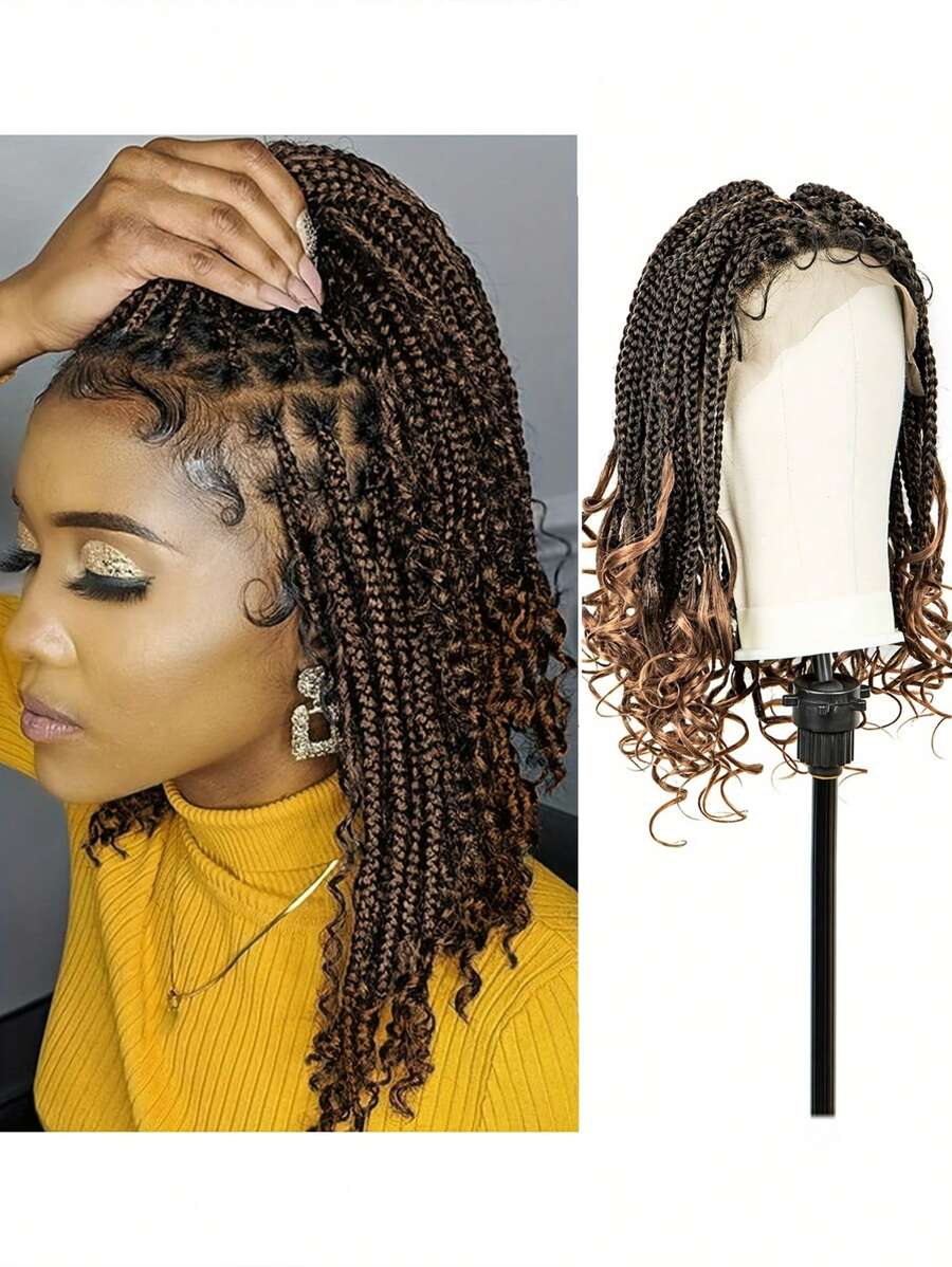 Lace Front Boho Box Braided Wigs With Cruls Ends Short Knotless Box ...