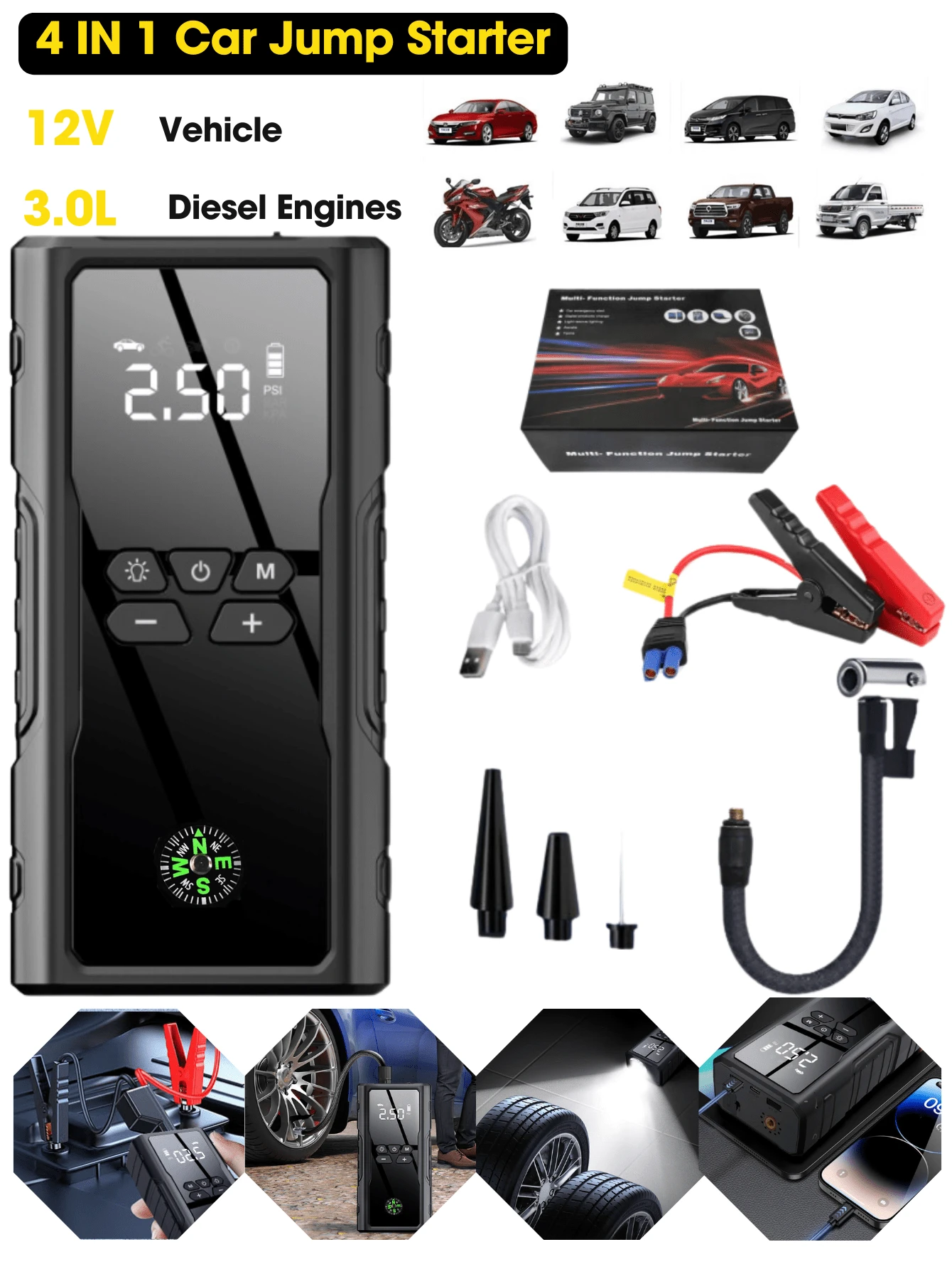 4 In 1 Portable Multifunctional Jump Starter With Air Compressors And ...
