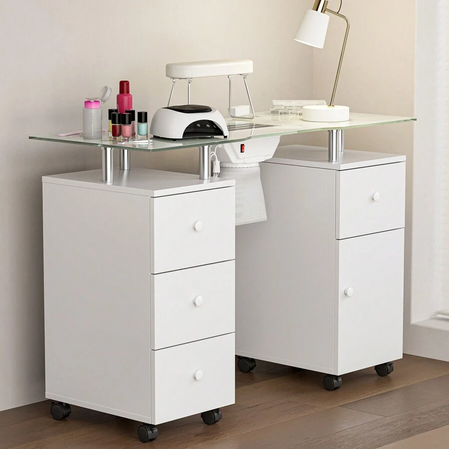 Manicure Table With Glass Top, Foldable Arm Rest, Lockable Wheels ...