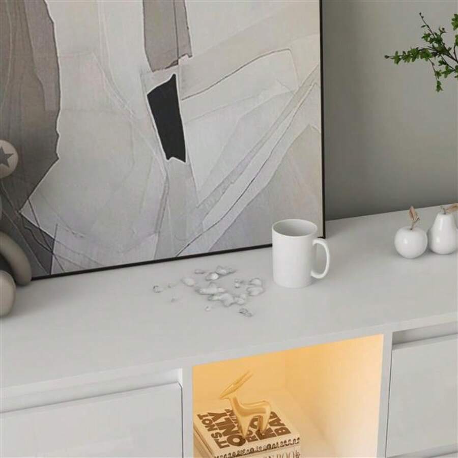 Living Room Sideboard Storage Cabinet White High Gloss With LED Light ...