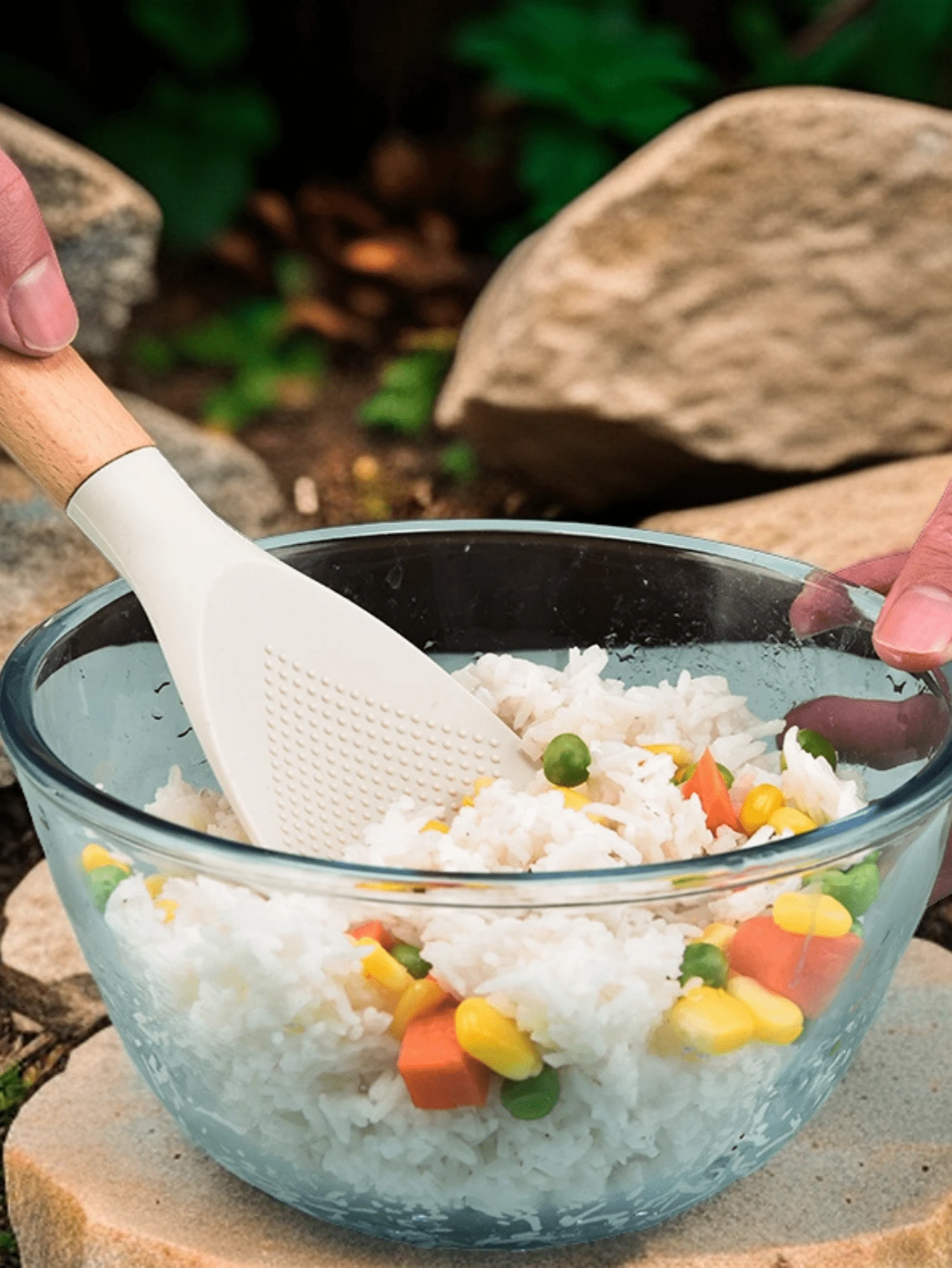 Heat Resistant Silicone Rice Ladle, Non-Stick Wooden Handle Rice Paddle ...