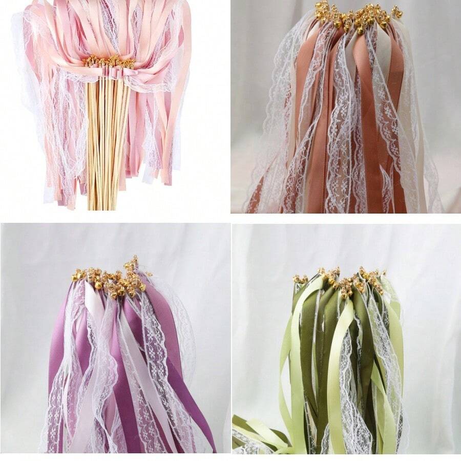 10 Pieces Lace Ribbon Wedding Wand Sticks Champagne Ribbon Streamers ...