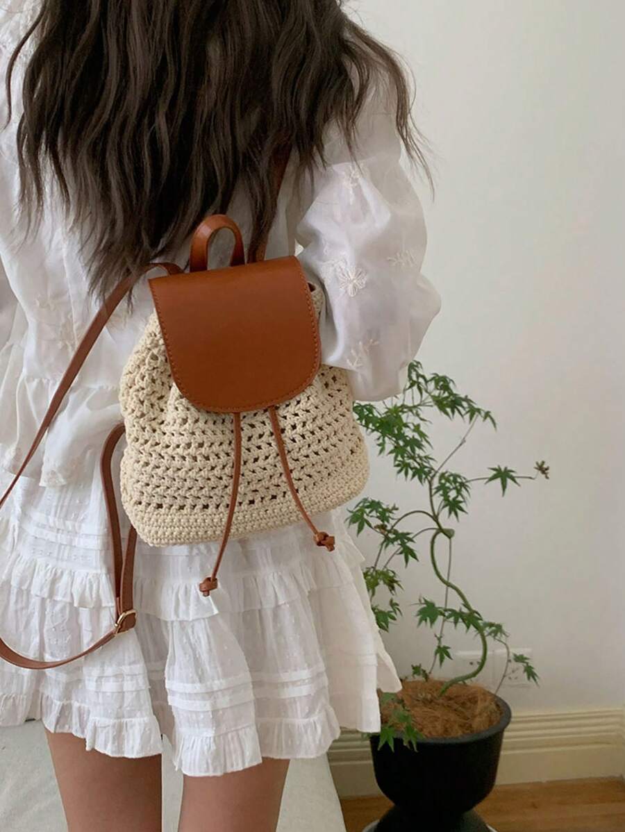 2024 New Stylish Women Backpack, Drawstring Woven Straw Beach Bag ...