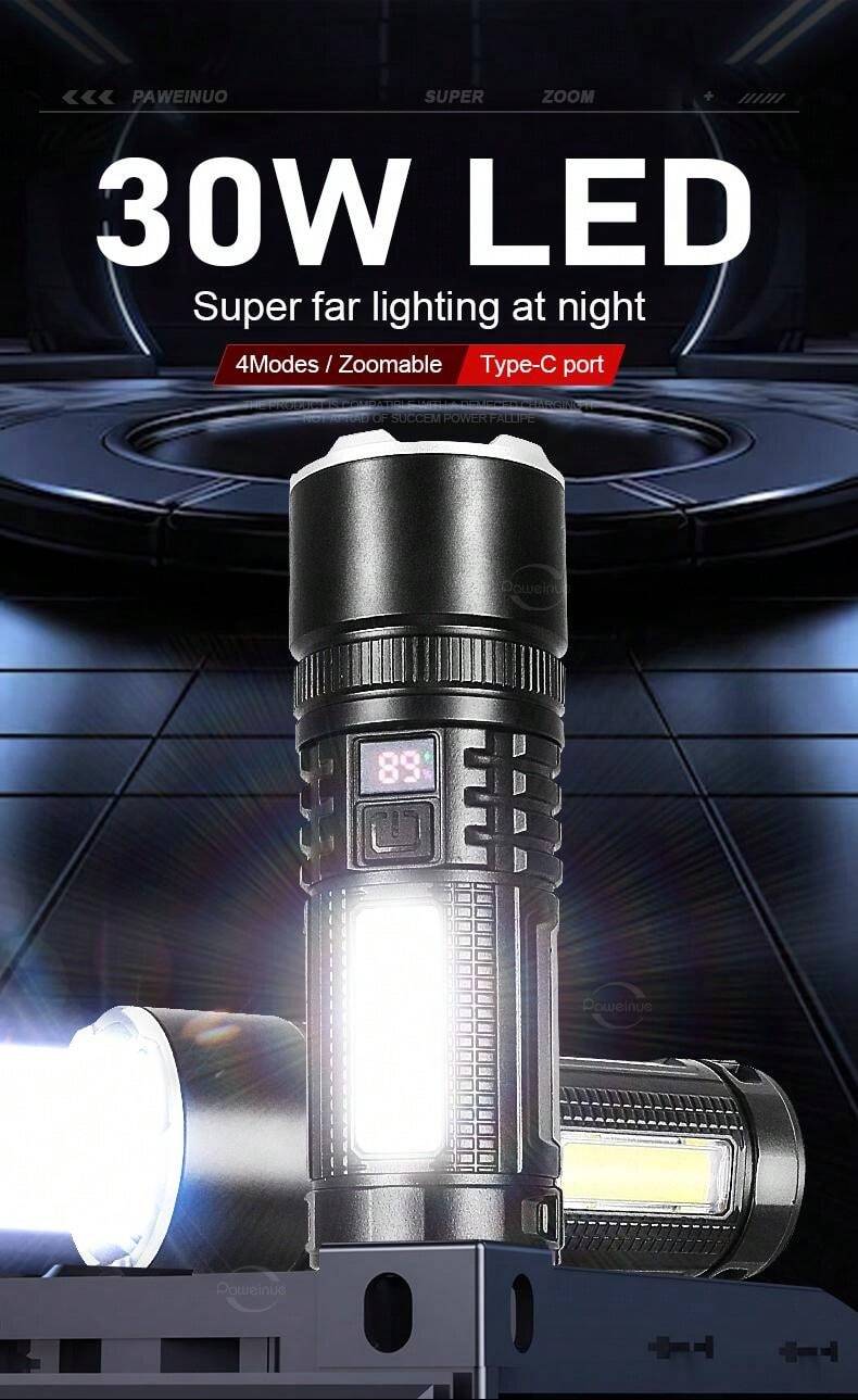 30W High Power Powerful LED Flashlight Long Range 1000m Built-In ...