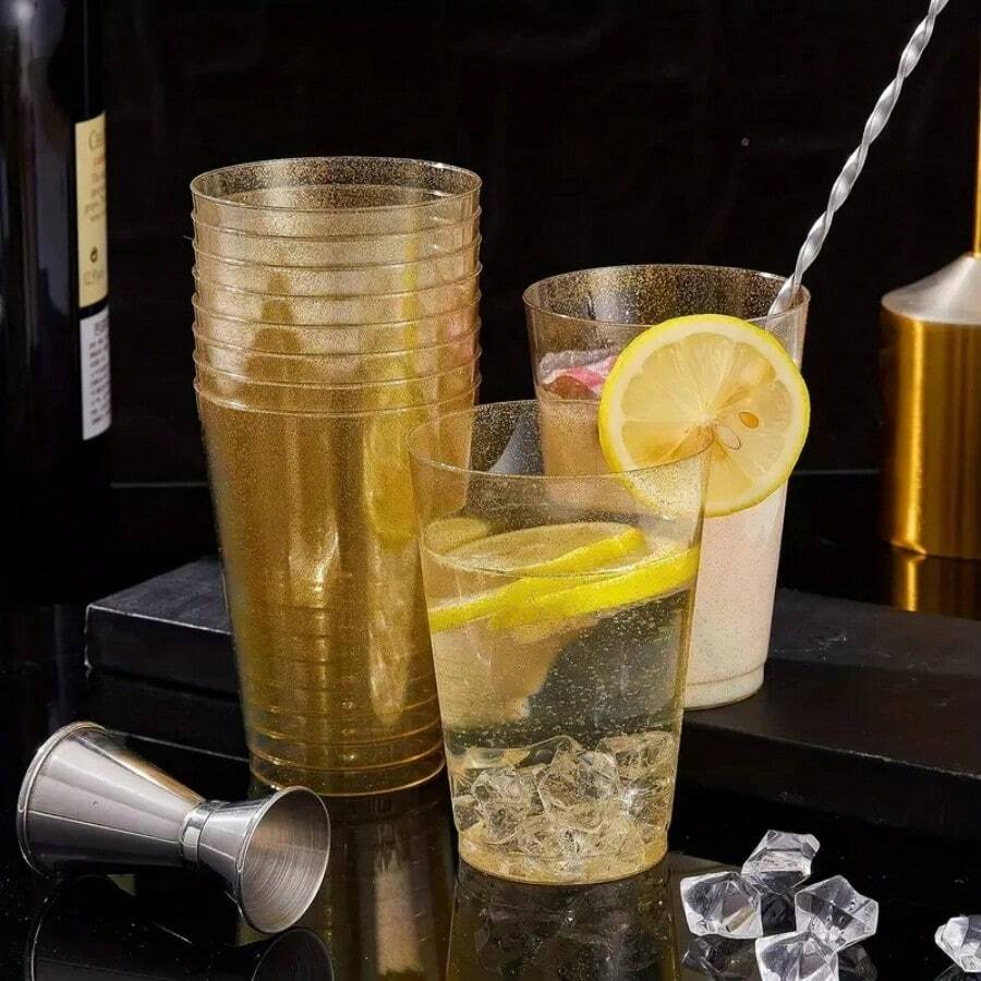 Gold Plastic Cups, Clear Plastic Cups With Pink Powder, Heavy Duty Hard ...