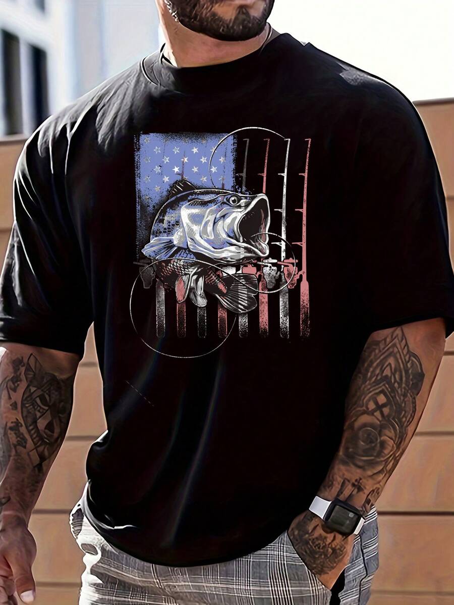 Men's American Flag & Fish Print Short Sleeve T-Shirt | SHEIN USA