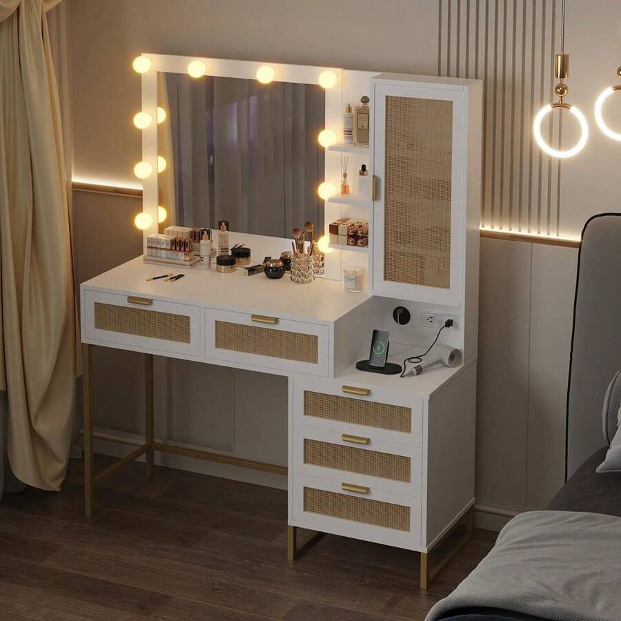 Rattan Vanity Mirror With Lights And Table & Power Outlet, Makeup ...