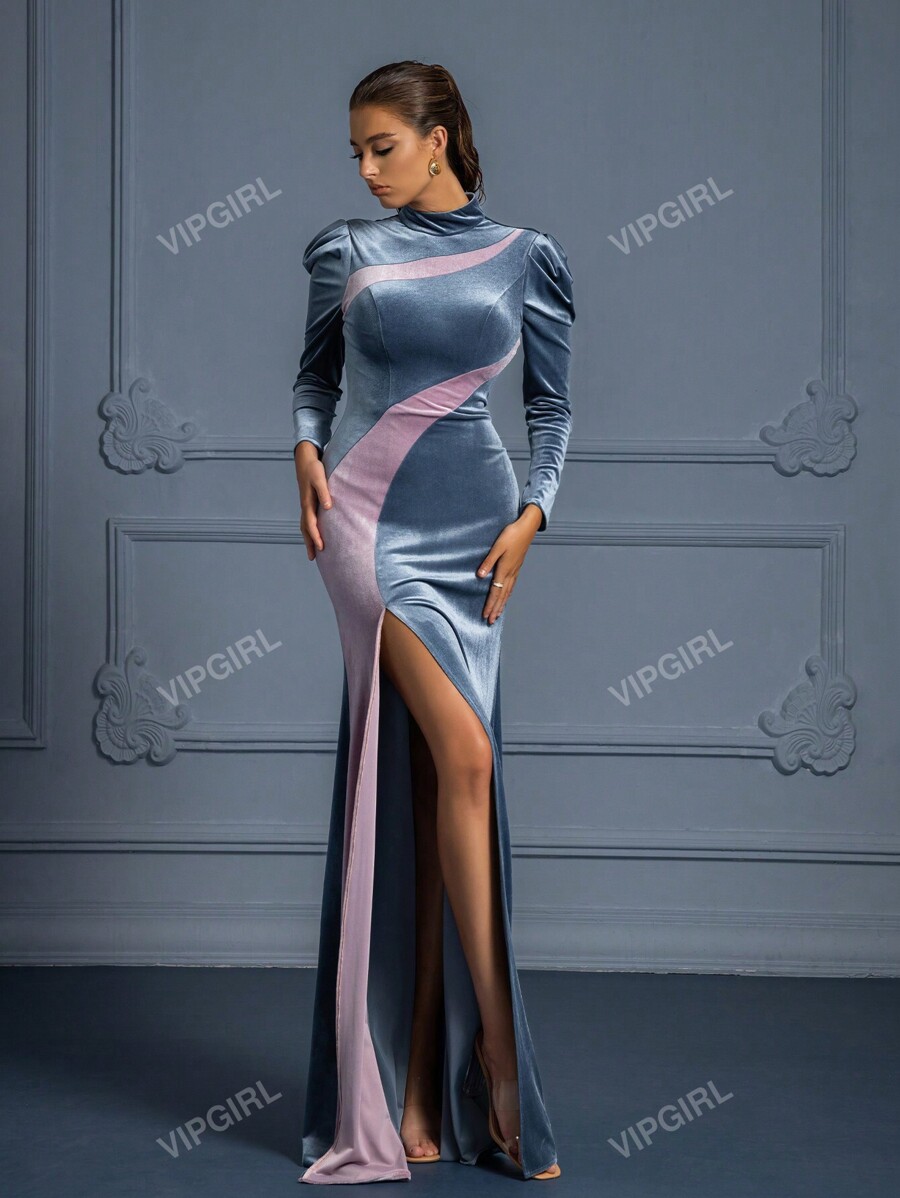 VIPGIRL Women Elegant Velvet Long Sleeve High Slit Maxi Evening Party ...