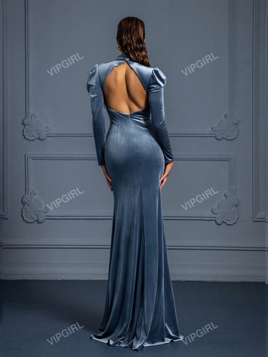 VIPGIRL Women Elegant Velvet Long Sleeve High Slit Maxi Evening Party ...