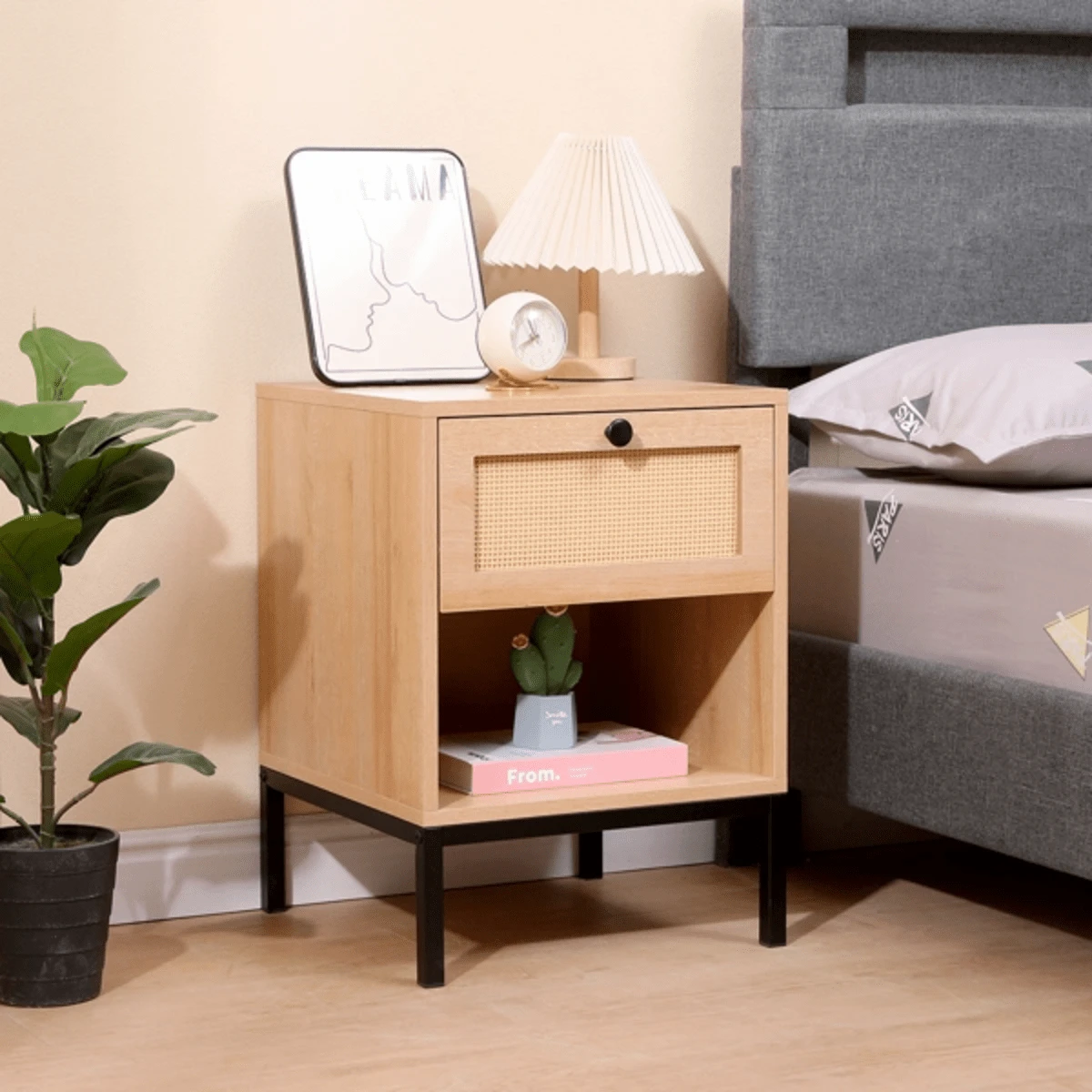 Rattan Nightstand Set,Bedside Table With 1 Natural Rattan Drawers And ...