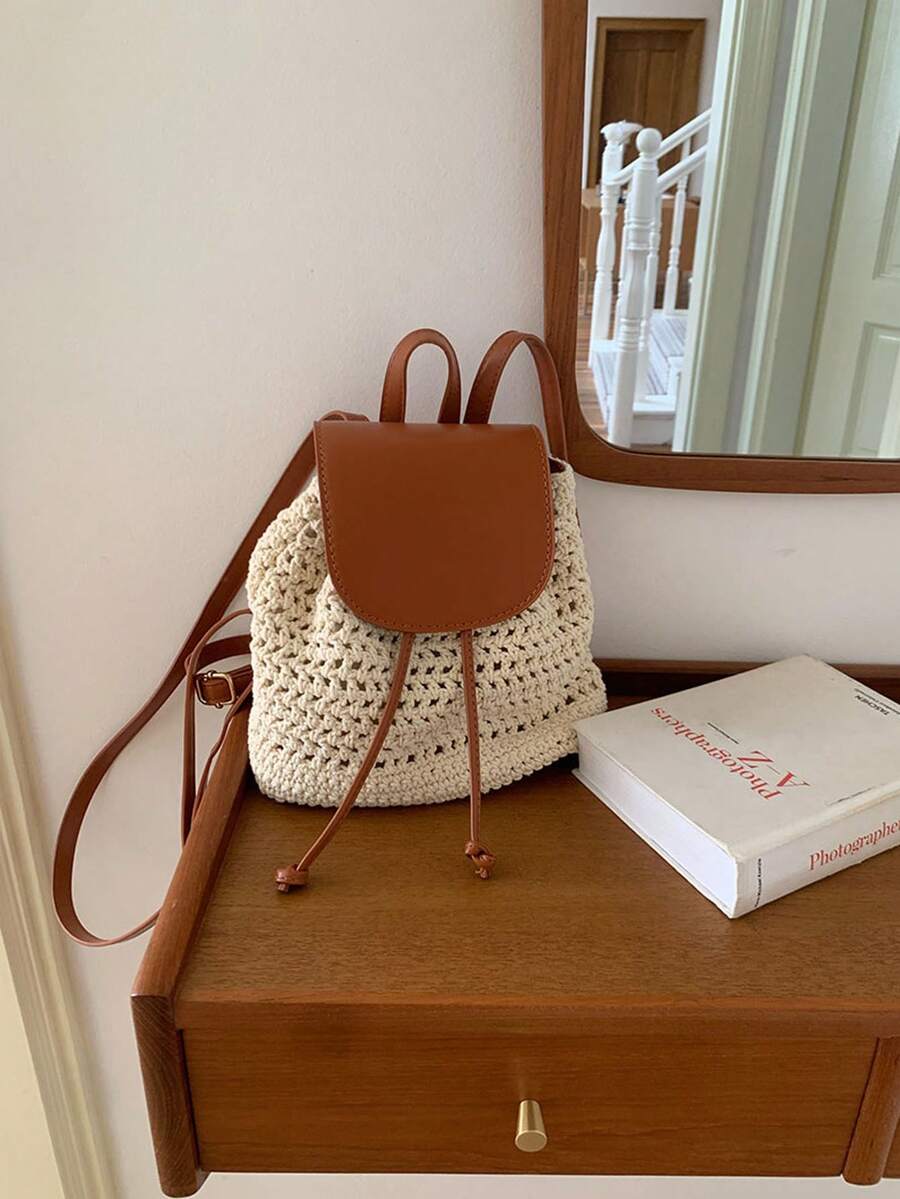 2024 New Stylish Women Backpack, Drawstring Woven Straw Beach Bag ...