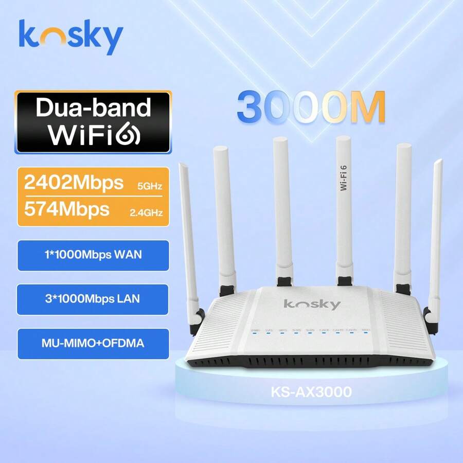 KOSKY 3000M Wi-Fi 6 נתב אלחוטי מהדור החדש, נתב אלחוטי 802.11ax, Gigabit, נתב אינטרנט כפול, נתב ...