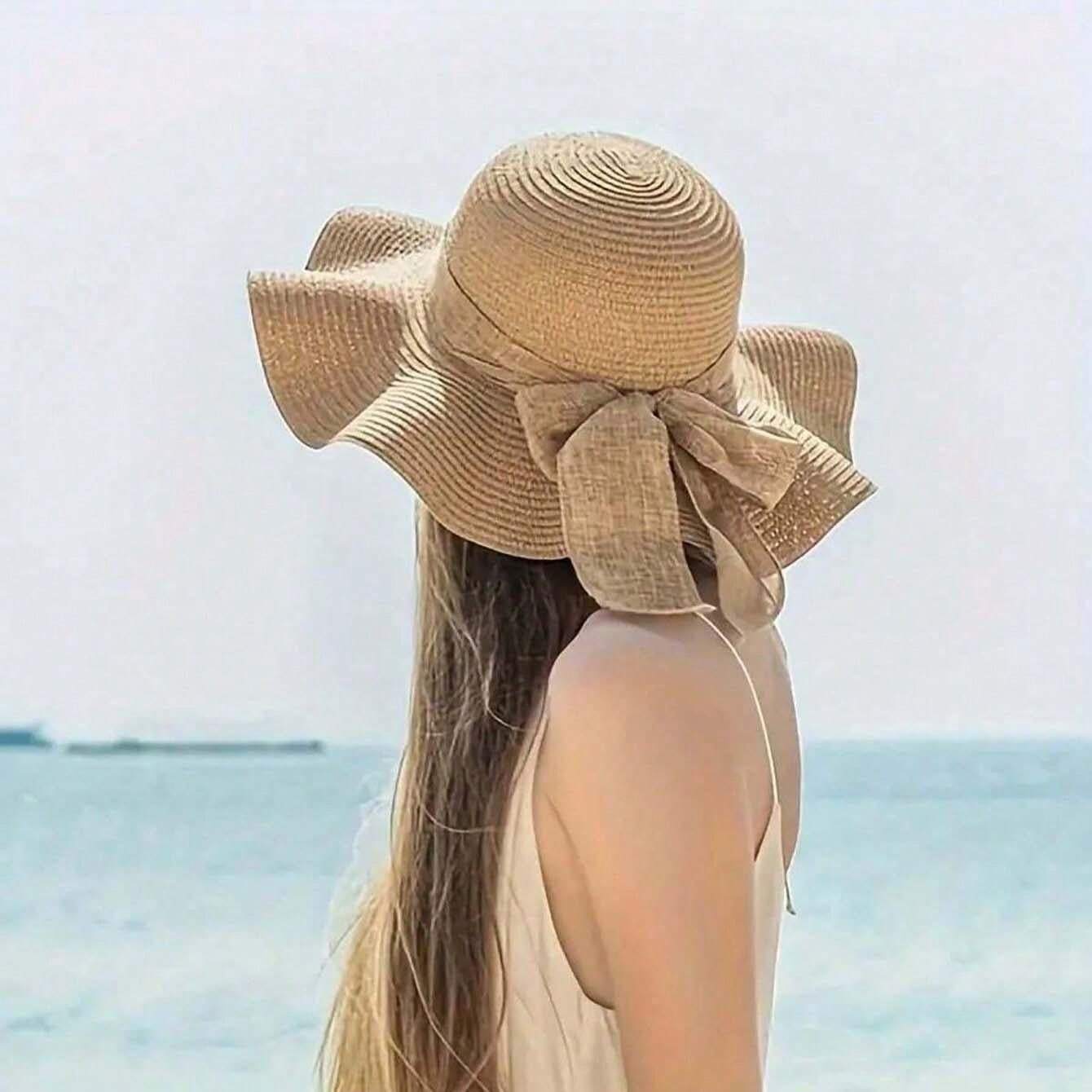 Women's Summer Elegant Bow Streamer Straw Hat Large Overhang Beach Hat ...