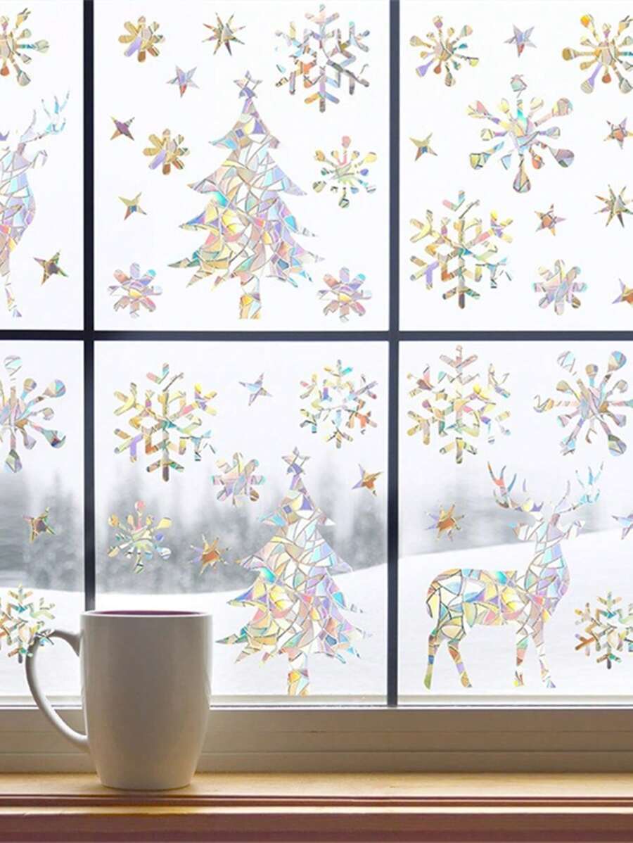 2 Sheets Christmas Snowflake Elk Winter Rainbow Window Sticker Clings ...