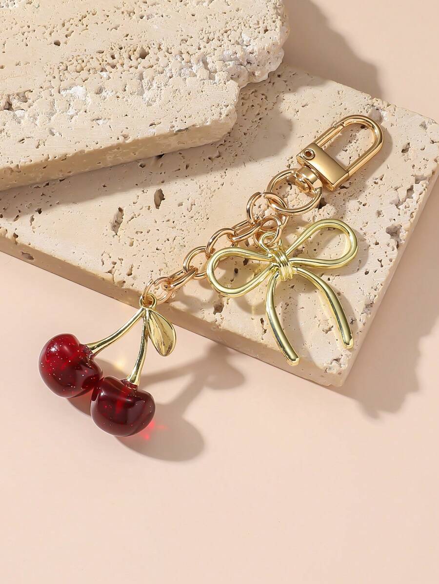 1pc Unisex Red Cherry Shaped Keychain With Fashionable Bow Pendant ...