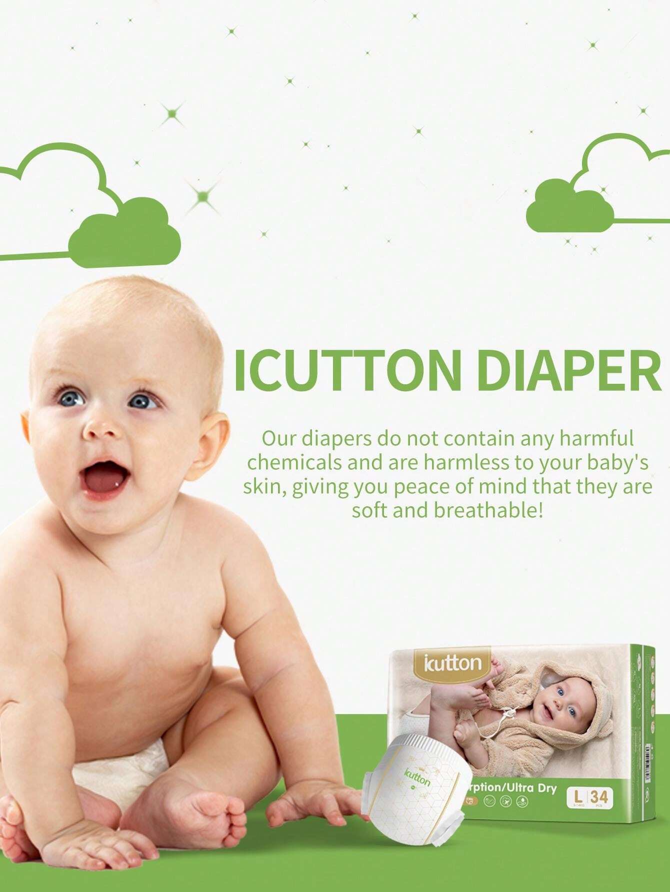 icutton 1 Pack Of 38pcs Premium Disposable Baby Diapers, Super ...