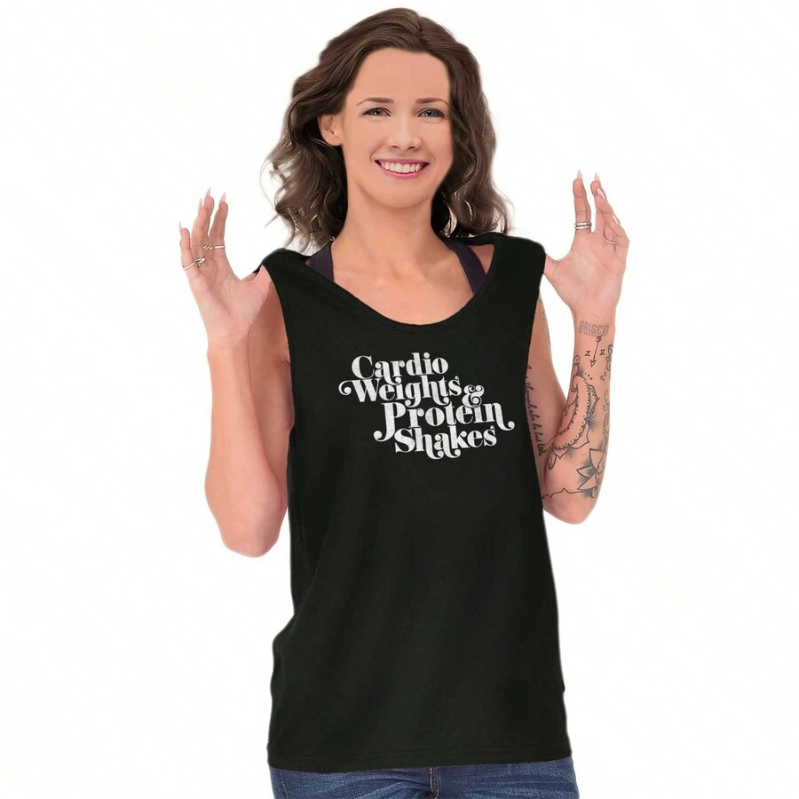 Cute Cardio Weights Protein Shakes Tank Top Tee Shirt Women | SHEIN USA
