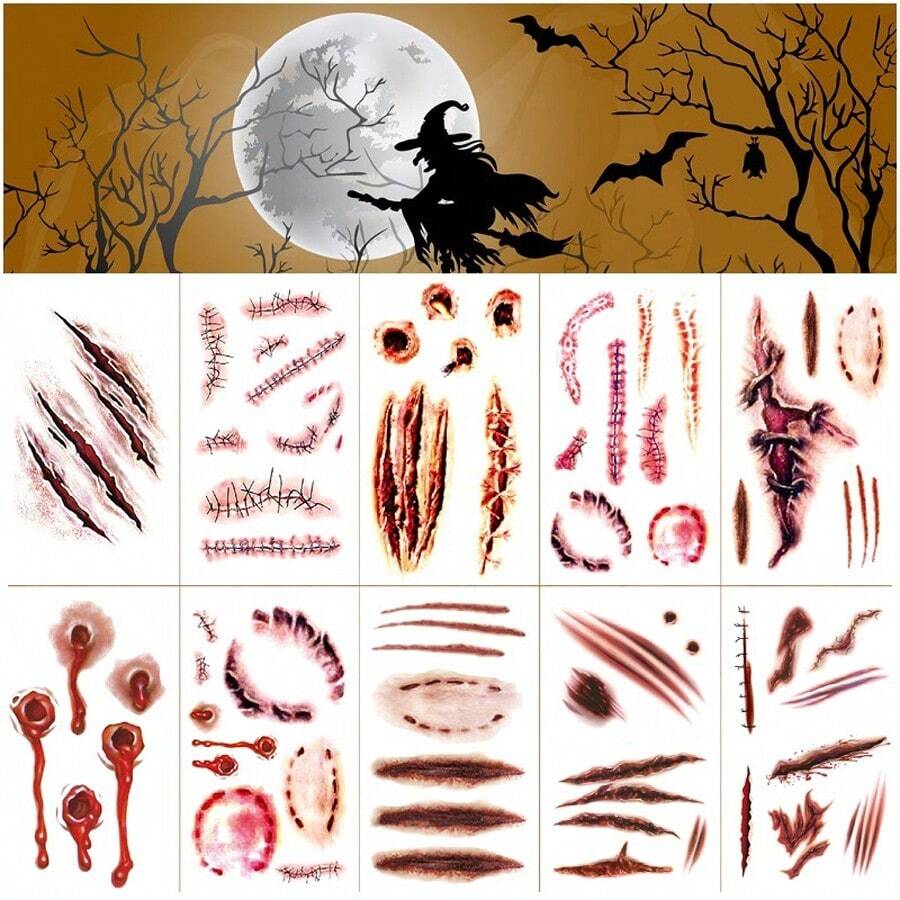 12 Sheets More Than 60 Designs Scar Tattoos Fake Bloody Halloween Party ...