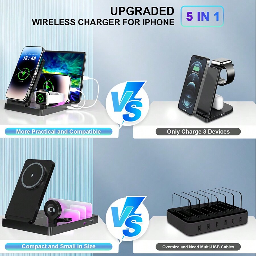 Stazione di ricarica senza fili 5 in 1 con illuminazione ambiente a 7 ...