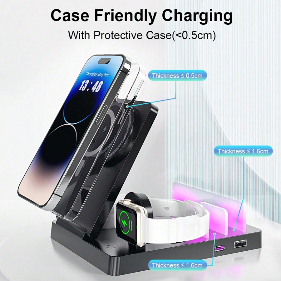 Stazione di ricarica senza fili 5 in 1 con illuminazione ambiente a 7 ...