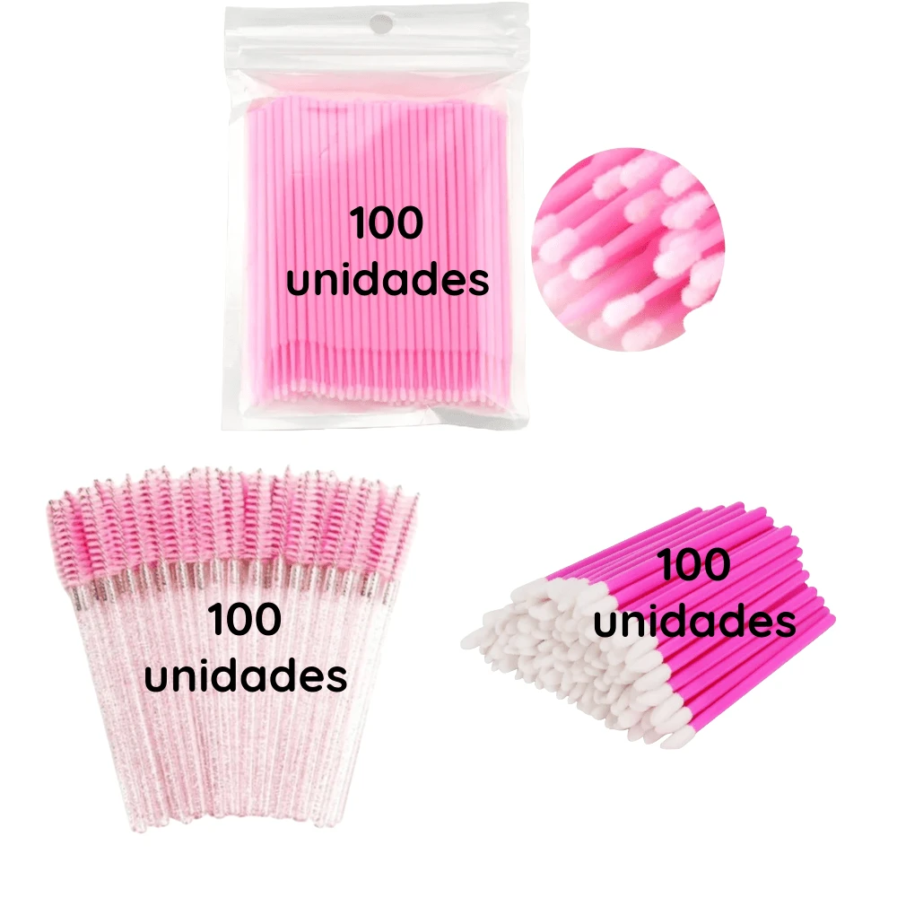 Kit 100 Escovinhas +100 Microbrush + 100 Aplicadores de Batom Para Alogamento de Cílios ...