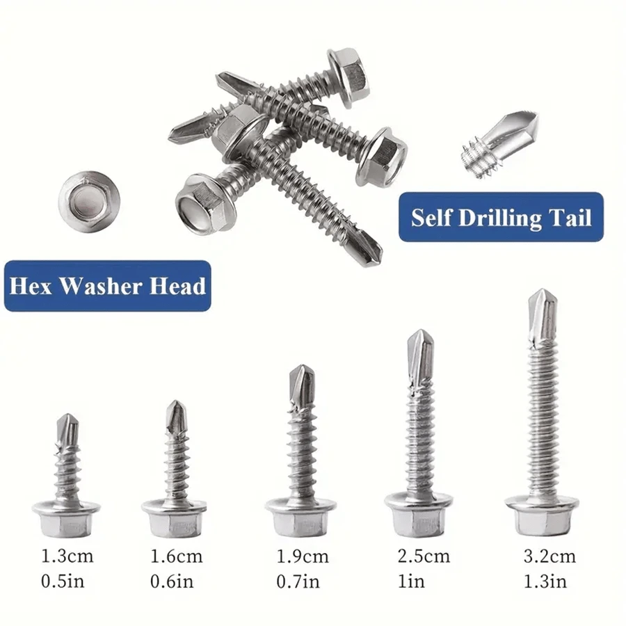 250 pièces Boîte de vis autotaraudeuses en acier inoxydable 410 M4.2 avec joint d'étanchéité ...