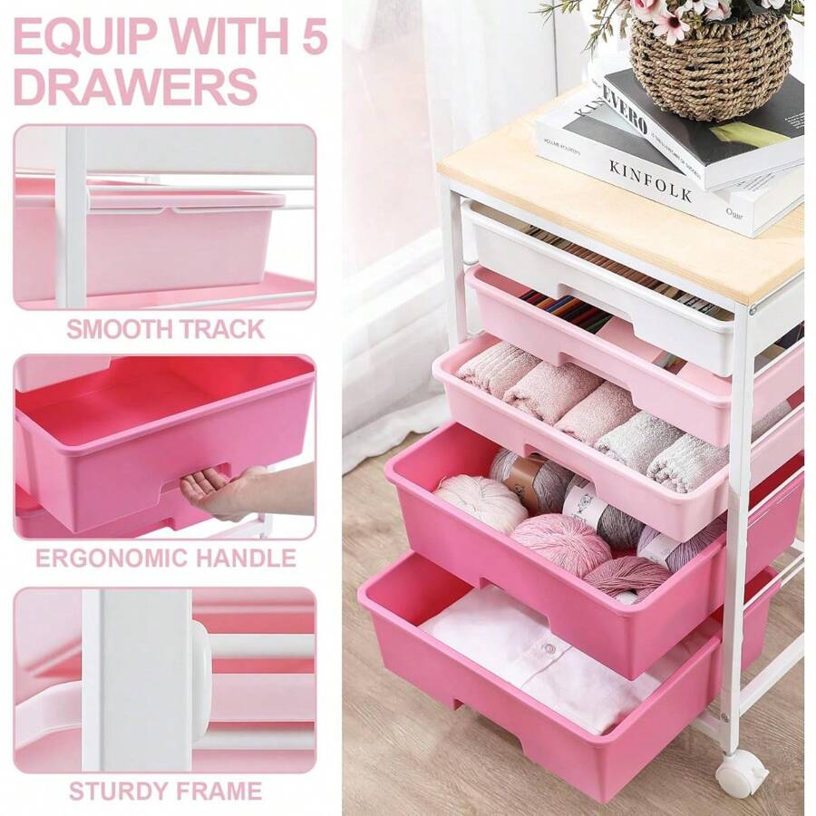 Utility Cart With 5 Drawers,Storage Drawer Cart With Wooden Tabletop ...