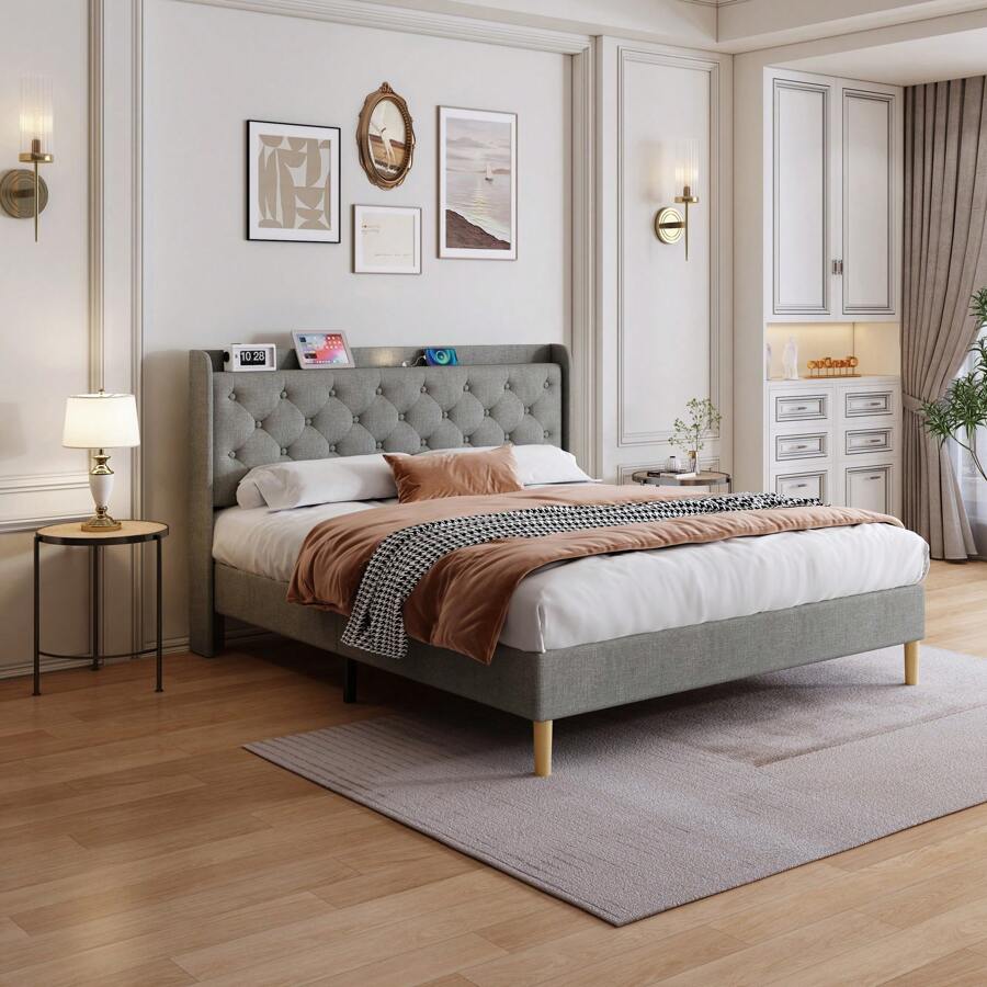 Anwick Queen Size Bed Frame With LED Lighting And USB Interface, Simple ...