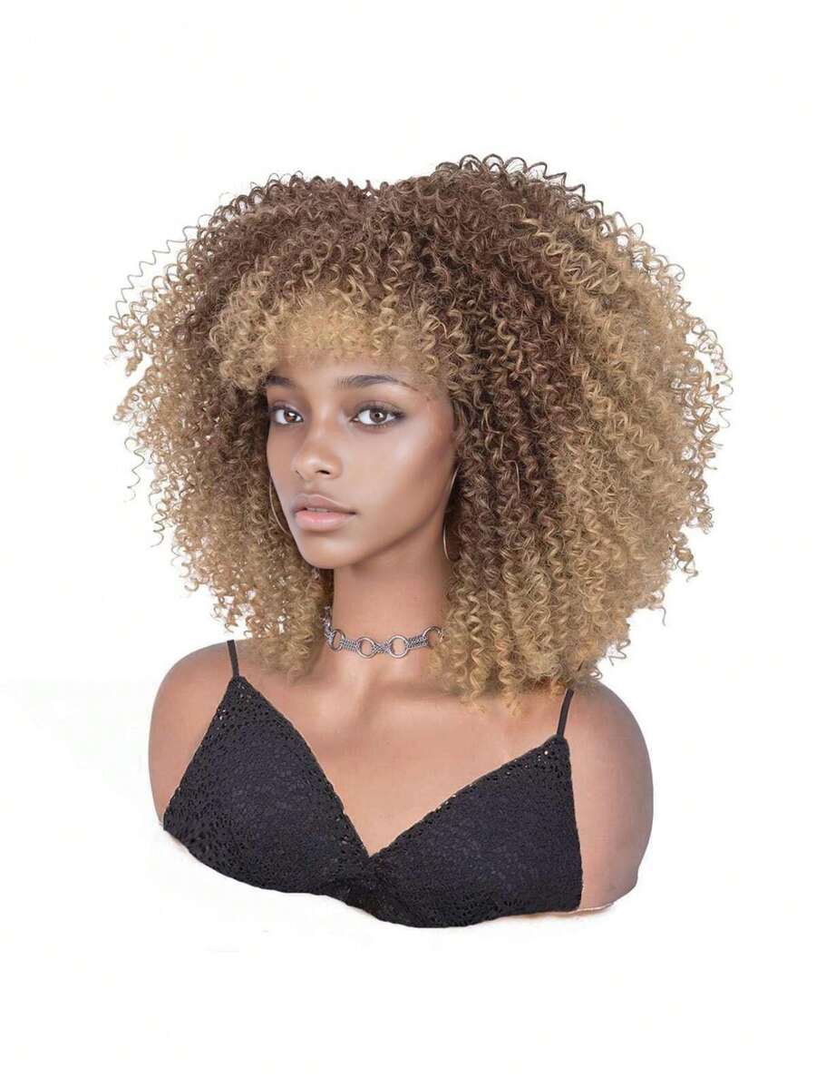 Ombre Blond Kinky Curly Wigs With Free Bangs Afro Curly Synthetic Wigs For Black Women Short