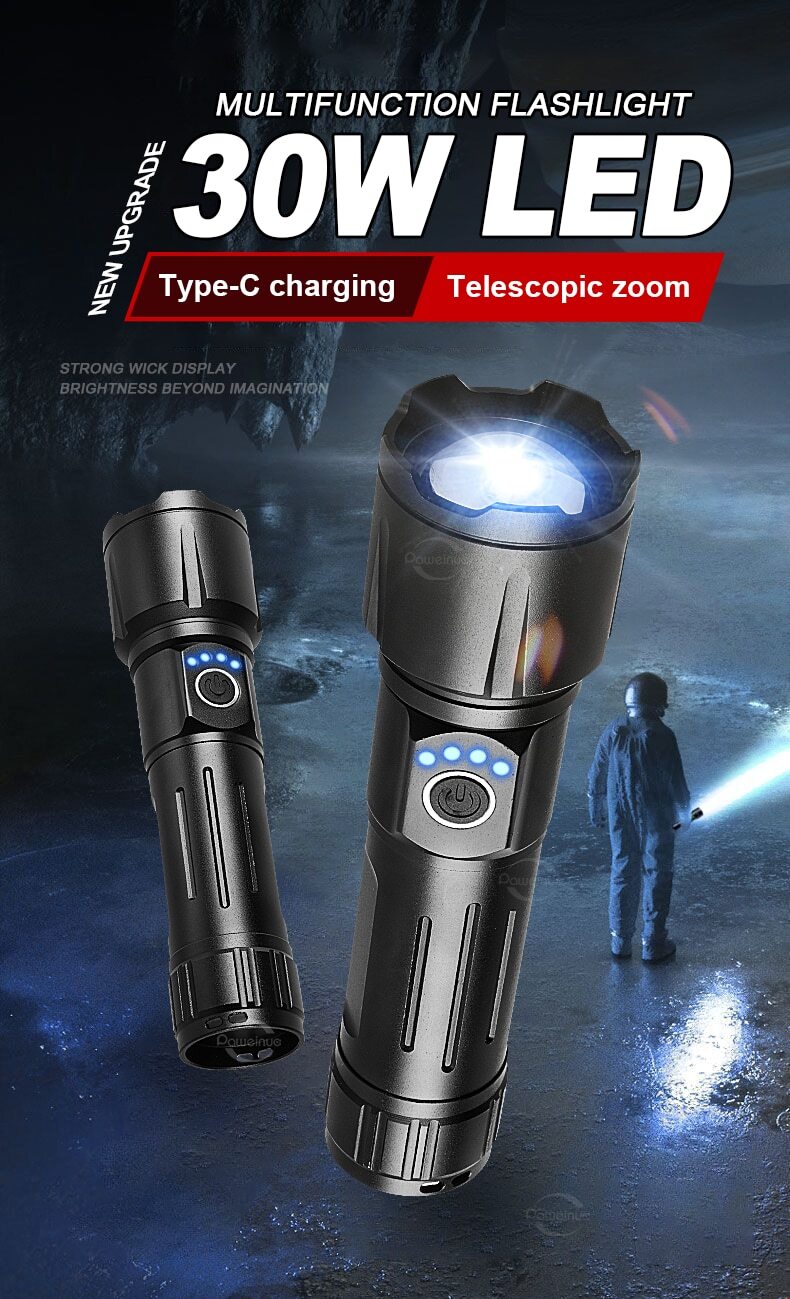 Linterna LED de 30W súper brillante, luz láser blanca de alta potencia de 1500m, resistente al ...