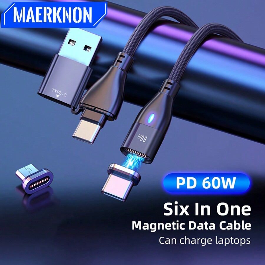 Cable magnético USB tipo C de 60W 6 en 1, 6A carga rápida, compatible con iPhone, Samsung ...
