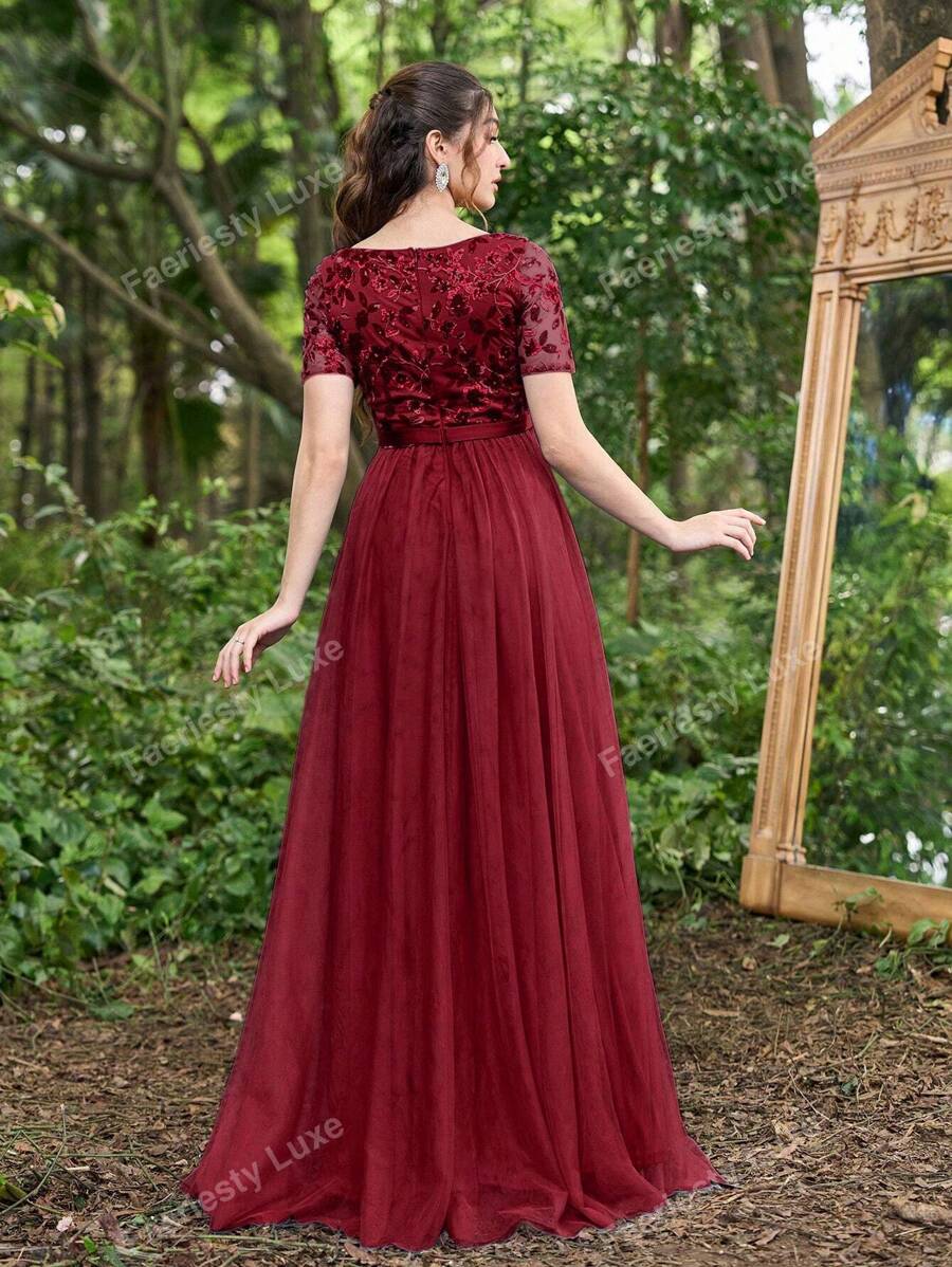 Faeriesty Floor Length Mesh Overlay Formal Dress, Elegant Evening Gown ...