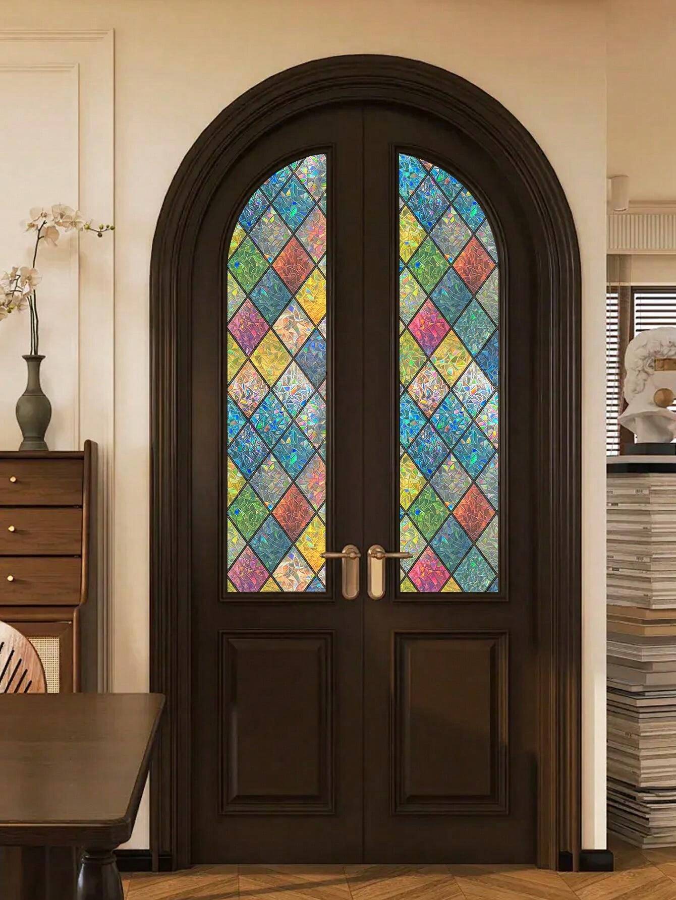 1 Roll Rhombus Pattern Privacy Window Film, Removable Rainbow Stained ...